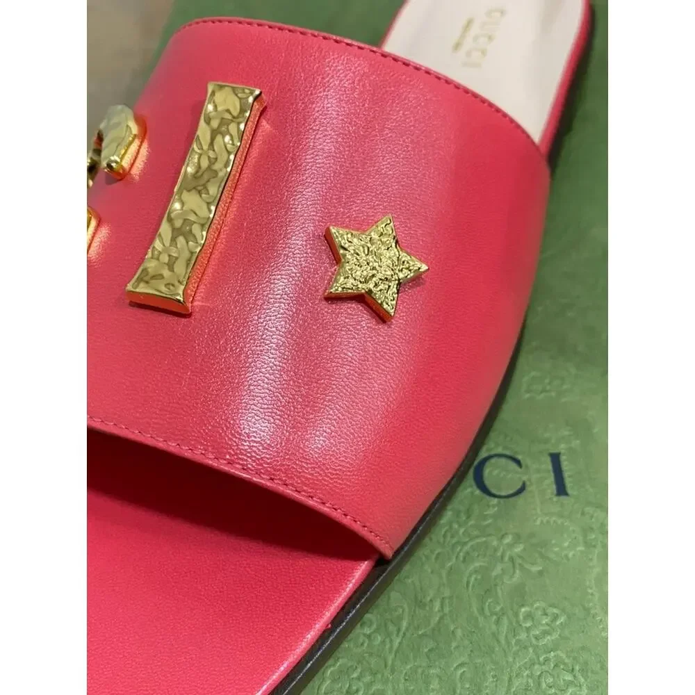 Gucci | Shoes | Gucci Cara Slide Sandal In Runway Coral 38 Leather Gold ...